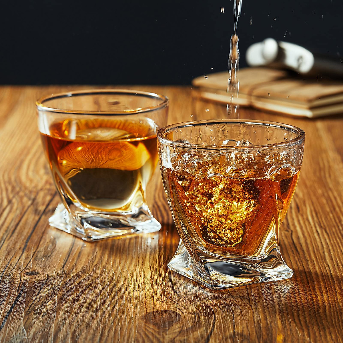 ACOOKEE Bourbon Whiskey Rocks Glasses Gift Set of 4 (2 Glasses+2 Round Large Ice Ball Maker Mold)- 11 Oz Old Fashioned Glass Whisky Gifts for Men, Dad, Brother