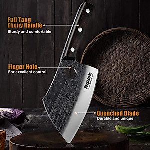 Huusk Serbian Chef Knife with Full Tang Handle Bundle with 7.7" Black Titanium Coated Blade
