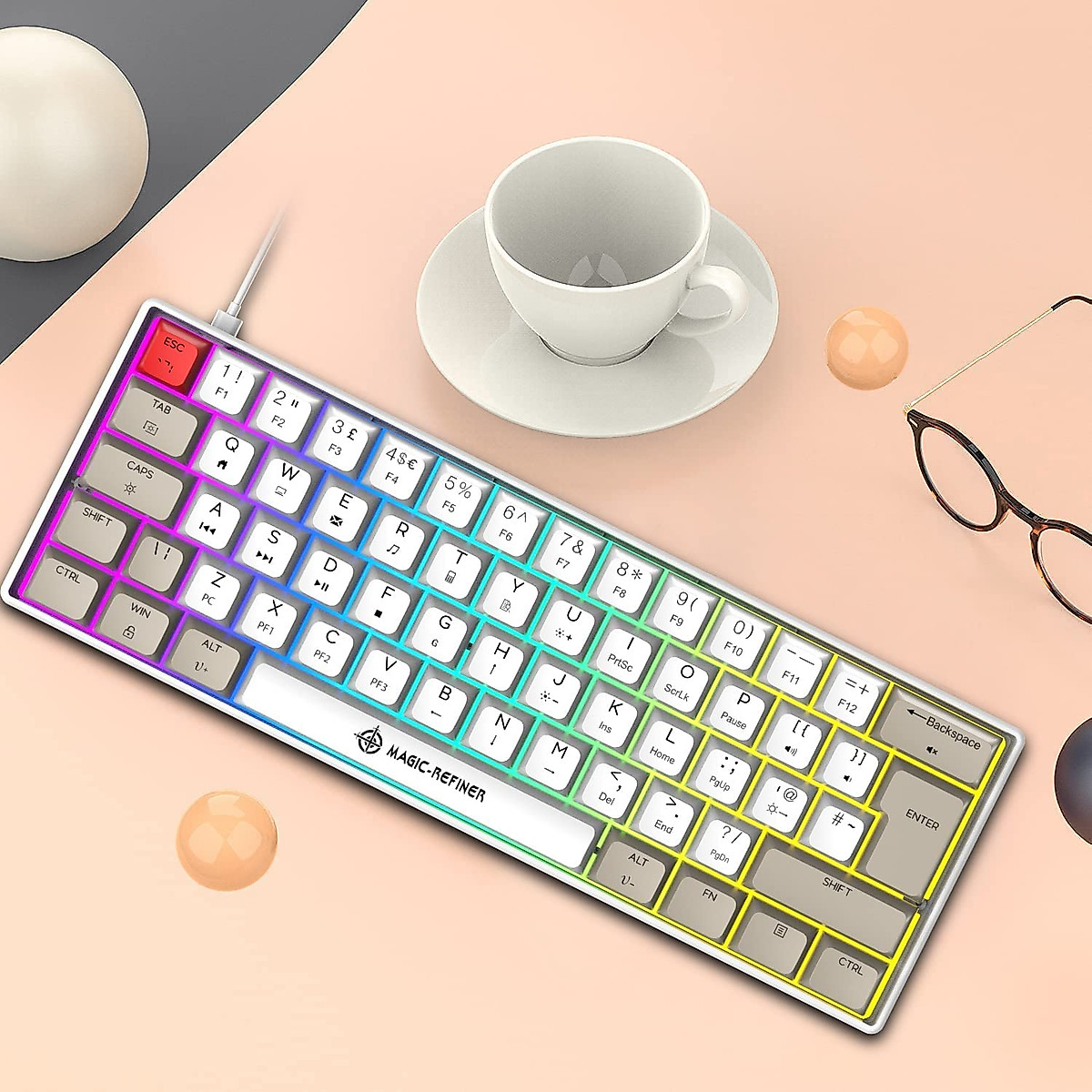 Mini Mechanical Gaming Keyboard Type-c Wired with PBT Dye-subbed Keycaps Rainbow RGB Backlit 60%Layout Full Anti-Ghosting 62 Key Ergonomic for Typist Laptop PC Mac Gamer (White Main/Red Switch)