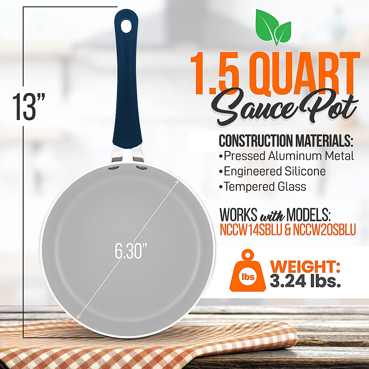 NutriChefKitchen Sauce Pot with Lid - Non-Stick High-Qualified Kitchen Cookware with See-Through Tempered Glass Lids, 1.5 Quart (Works with Models: NCCW14SBLU & NCCW20SBLU Blue