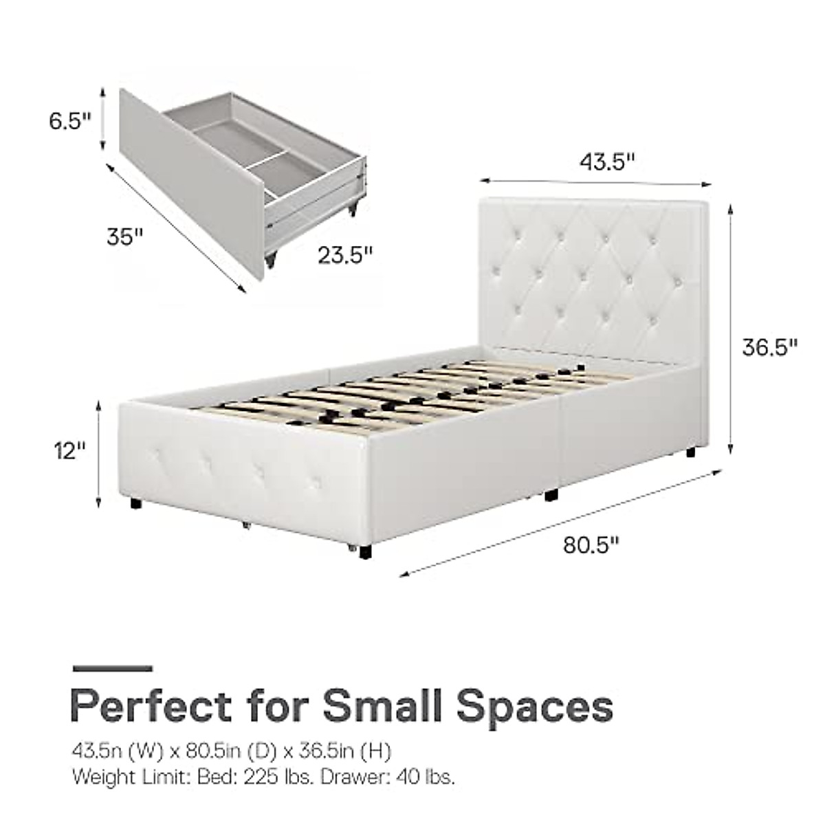 DHP Dakota Upholstered Platform Bed with Underbed Storage Drawers and Diamond Button Tufted Headboard and Footboard, No Box Spring Needed, Twin, White Faux Leather