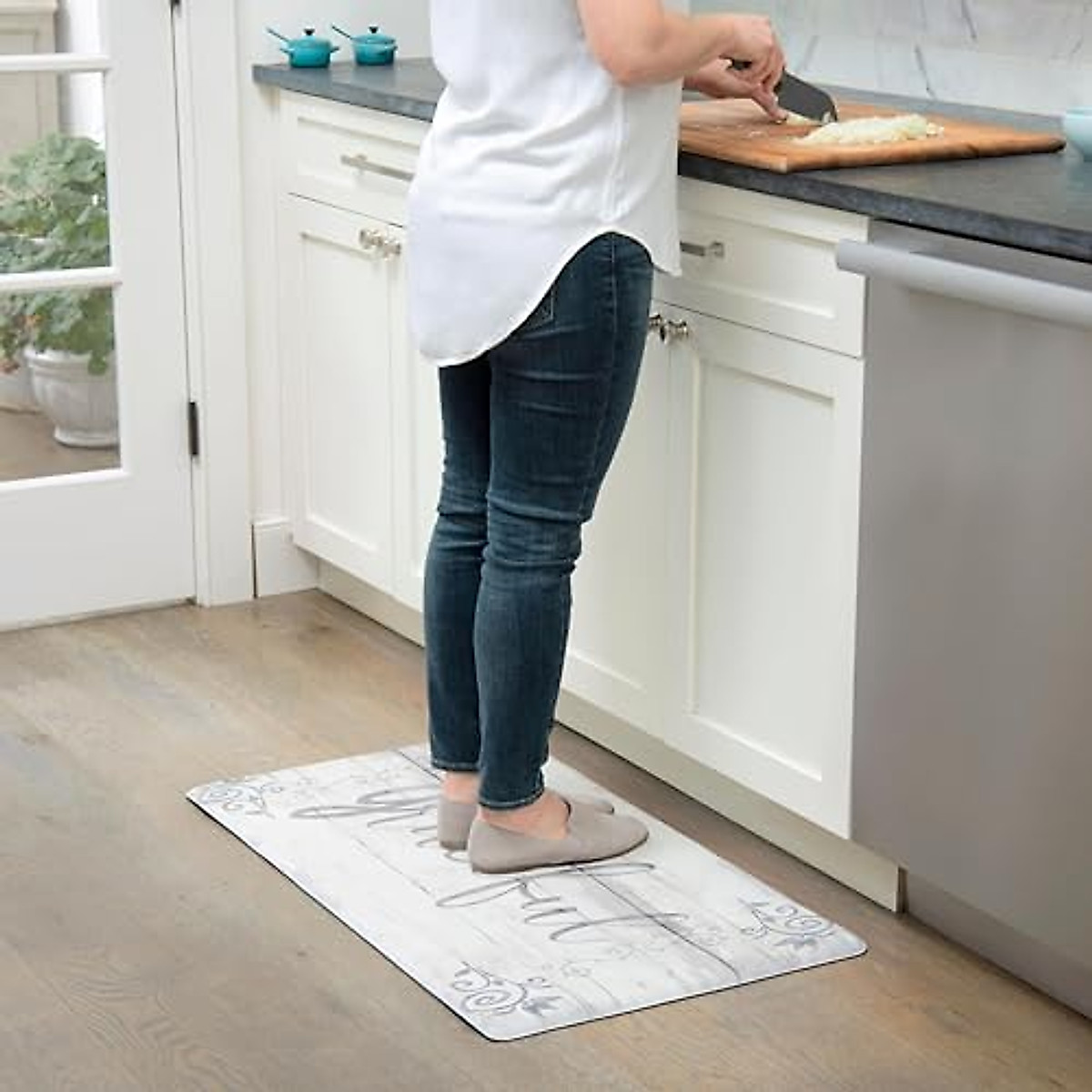 Home Dynamix Cozy Living Grateful Floral Runner Anti-Fatigue Kitchen Mat, Non-Slip Floor Mat, Padded Standing Desk Mat, Grey/Cream, 17.5"x30"