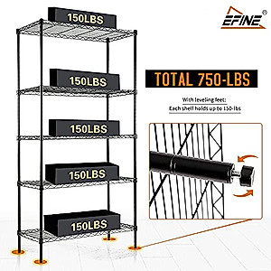 EFINE 5-Shelf Shelving Unit with Shelf Liners Set of 5, Adjustable, Steel Wire Shelves, 150lbs Loading Capacity Per Shelf, Shelving Units and Storage for Kitchen and Garage (30W x 14D x 60H) Black