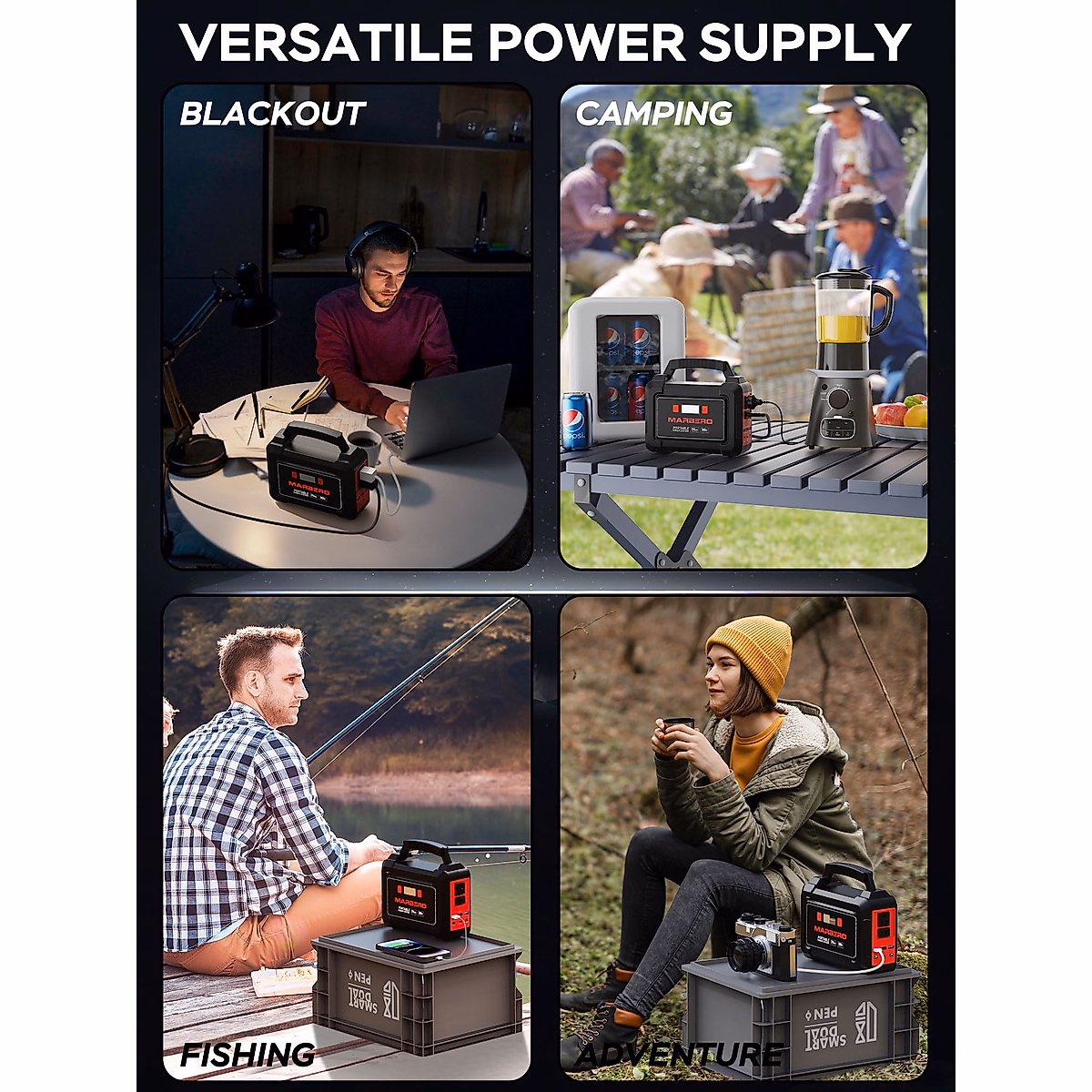 MARBERO Portable Power Station 300W Camping Solar Generators Lithium Battery 296Wh Power Supply with 110V AC Outlet, 2 DC Ports, 4 USB Ports, LED Flashlights for CPAP Home Camping Backup