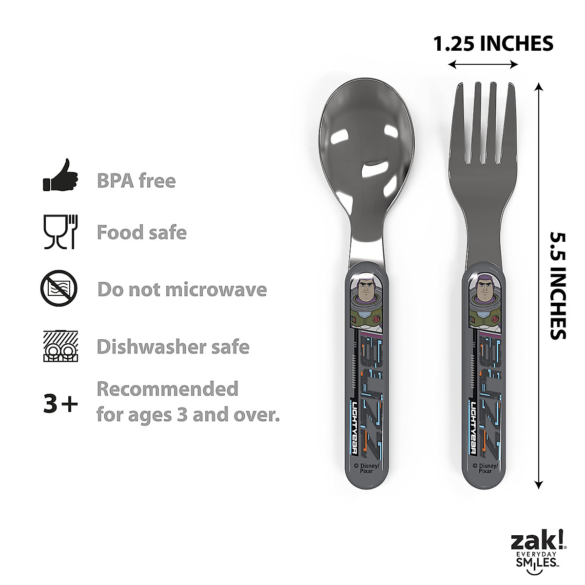 zak! Disney and Pixar Lightyear - 5-Piece Dinnerware Set - Durable Plastic & Stainless Steel - Includes Water Bottle, 8-Inch Plate, 6-Inch Bowl, Fork & Spoon - Suitable for Kids Ages 3+