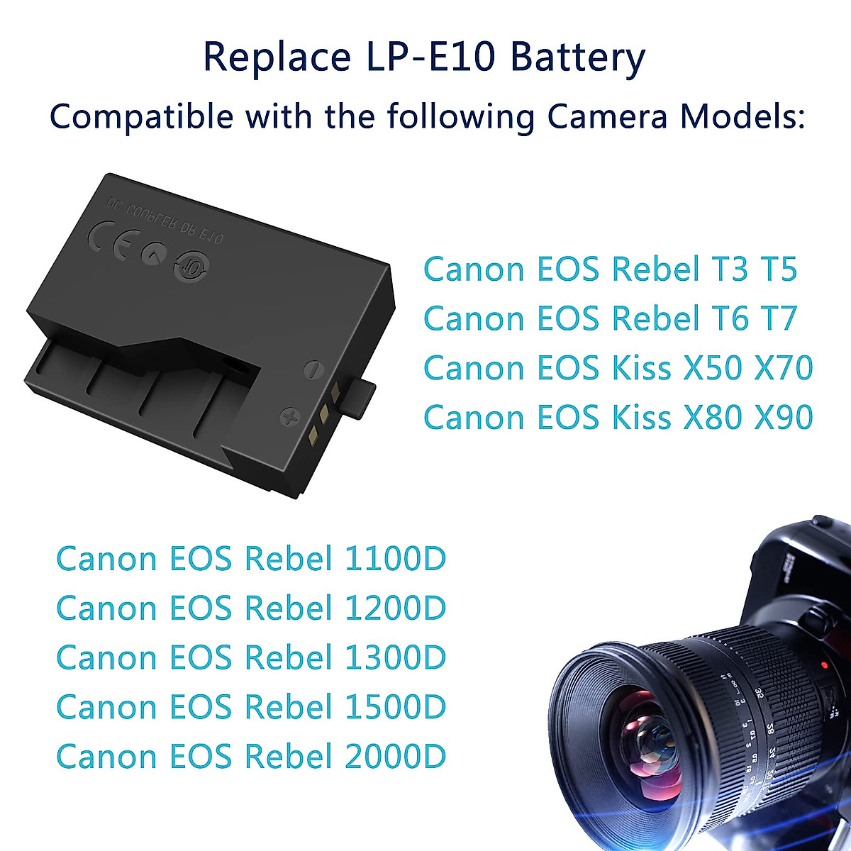 F1TP ACK-E10 AC Power Supply Adapter DR-E10 Dummy Battery Kit Replace LP-E10 Battery for Canon EOS Rebel T3 T5 T6 T7 1100D 1200D 1300D 1500D 2000D Cameras