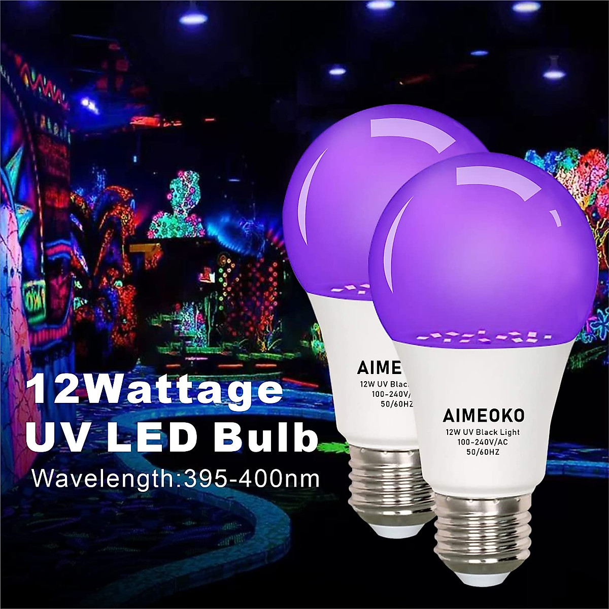 AIMEOKO Black Light Bulb 12W(100W Equivalent) - E26 UV LED Bulbs for Neon Party, Halloween, Fluorescent Poster, Body Paint - 2 Pack