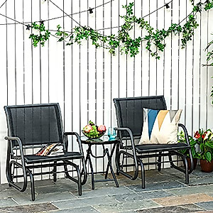 Outsunny Porch Glider, Set of 2, Metal Frame Swing Glider Chair with Breathable Mesh Fabric, Curved Armrests and Steel Frame for Garden, Poolside, Backyard, Balcony, Black