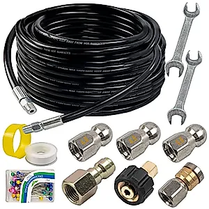 Hourleey Sewer Jetter Kit for Pressure Washer 50FT, Drain Cleaner Hose 1/4 Inch NPT, Orifice 4.0 Button Nose and Rotating Sewer Jetting Nozzle Spanner Tape Pearl Corsage Pin, 4000 PSI