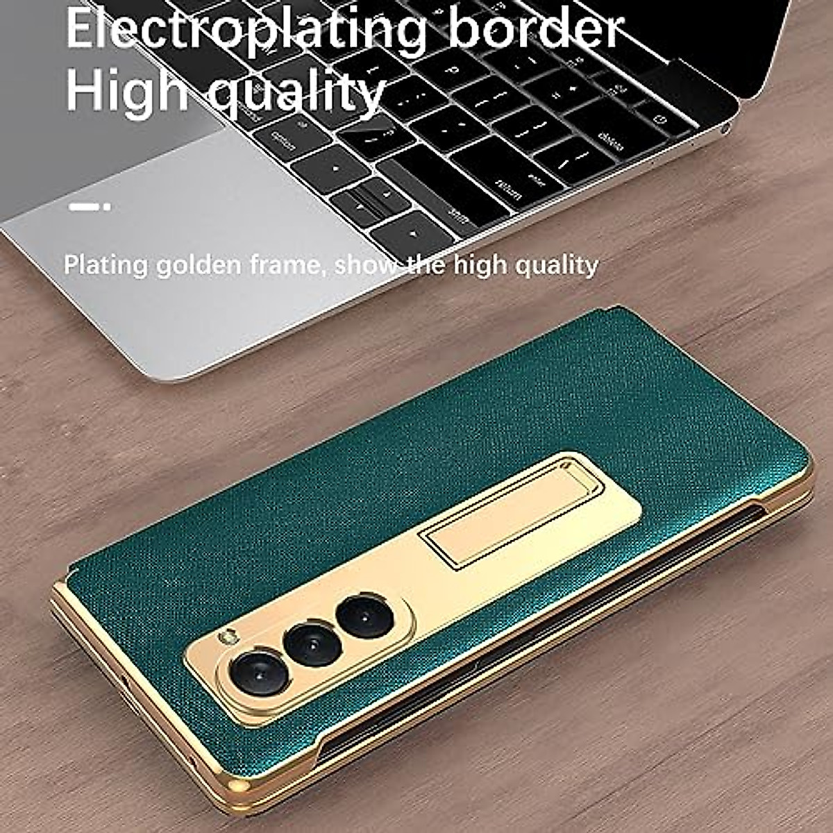 lefeda Leather Case for Samsung Galaxy Z Fold 5, Full Body Protection Electroplated Case with Tempered Glass Screen and Hidden Stand Shockproof Phone Cover,Gold