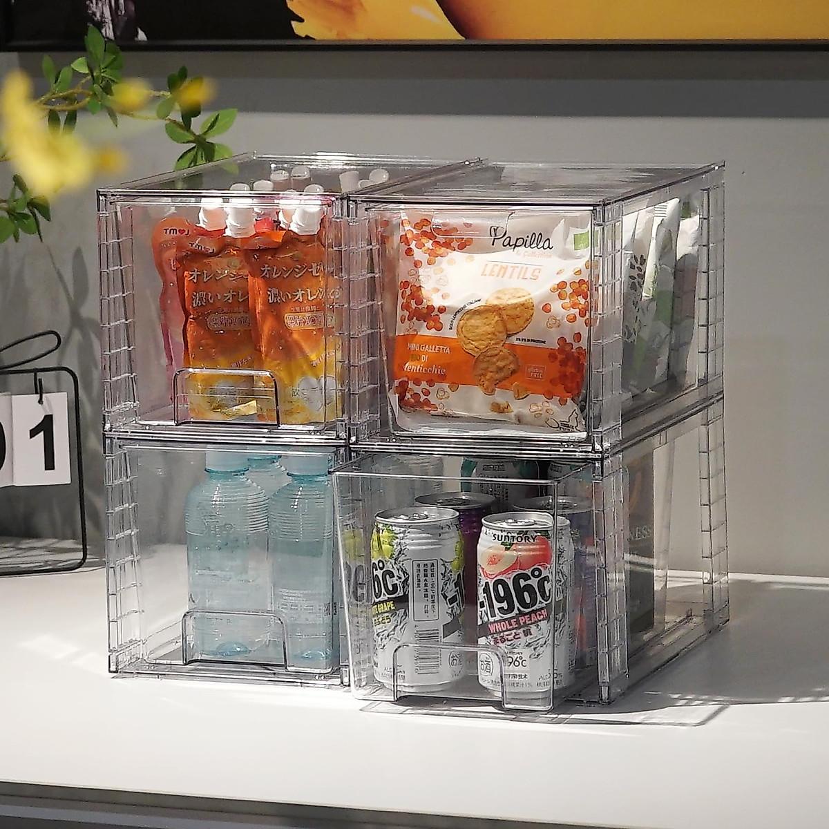 4Pack Large Stackable Kitchen Storage Drawers, Clear Foods Organizer Bins with Handles, Easily Assemble for Bathroom, Kitchen, Pantry, Cabinet, Closet(XL-UP Handle)