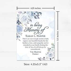 Hello Love Goods Light Blue and White Floral In Loving Memory Funeral Thank You Cards, Personalized Sympathy Acknowledgement Cards, 4.25x5.5 Flat Bereavement Notes with Envelopes