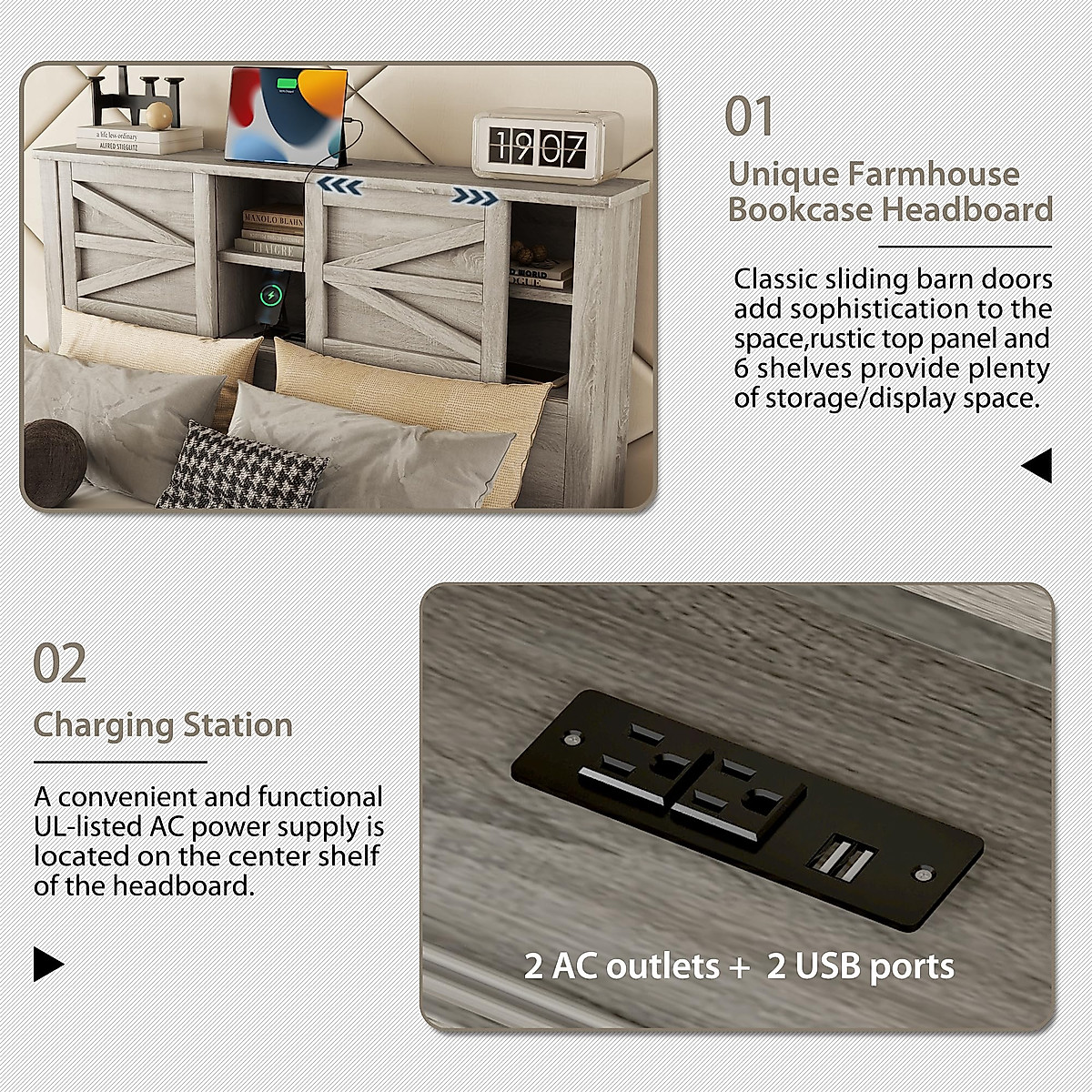 SOFTSEA Farmhouse Bedroom Set, Full Size Platform Bed with Storage Headboard, Nightstand and Dresser, Wood Bedroom Furniture Set, 3 Piece Full Bedroom Set, Gray