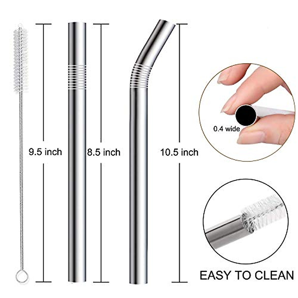 Vinaco Stainless Steel Smoothie Straws, 0.4'' Extra Wide Reusable Metal Drinking Straws for Milkshake, Smoothie, Beverage, Set of 4 with 1 Cleaning Brush