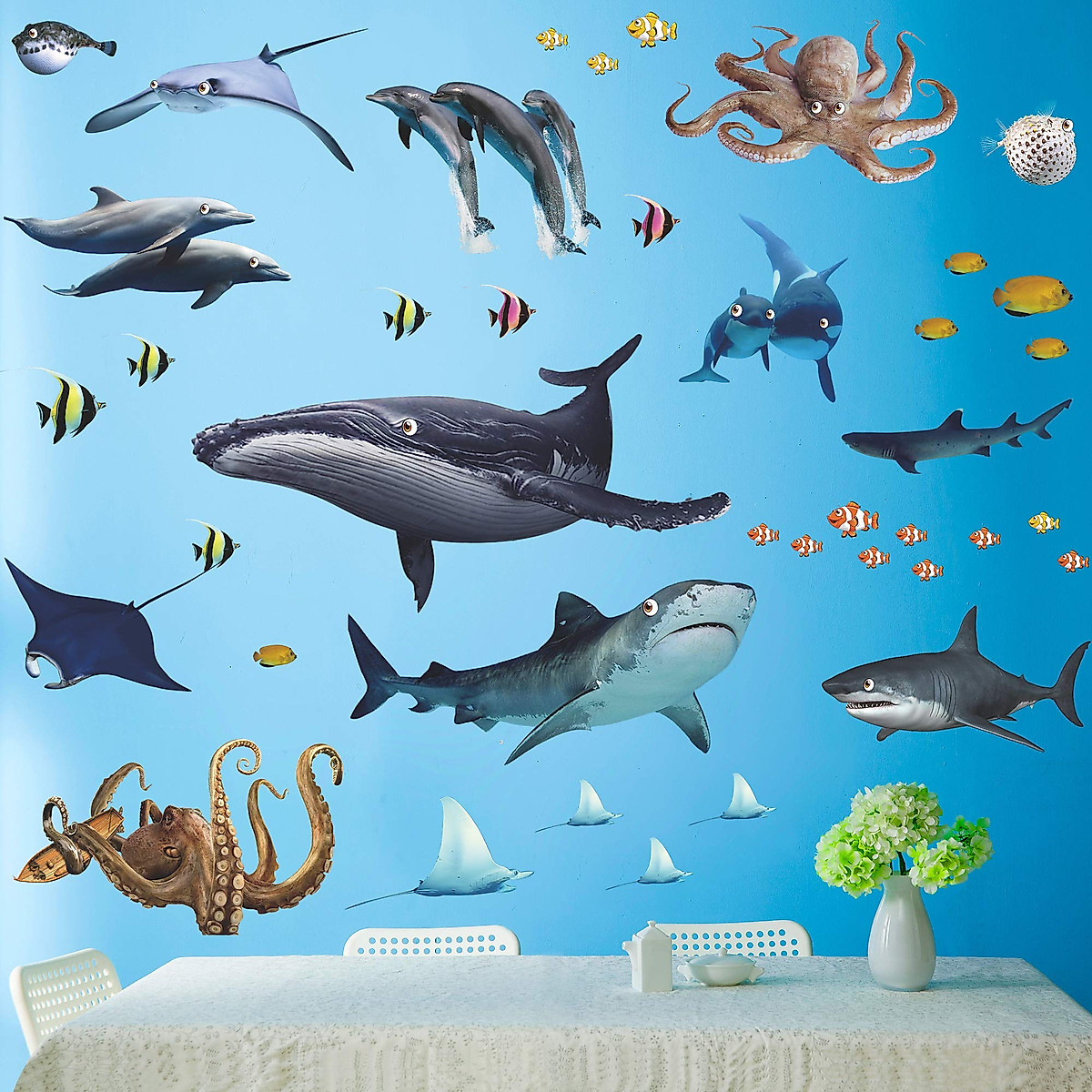 Removable 3D Removable Under The Sea Fish Wall Sticker DIY Ocean Animals Wall Decals Whale, Shark, Squid Wall Decor Peel and Stick Art for Kids Room Baby Bedroom Nursery Boy and Girls