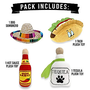 Baja Ponchos 4 Pack Fiesta Dog Chew Toys and Sombrero - Mexican Squeak Plush Toys - Dog Gifts for Chihuahuas - Taco - Tequila - Hot Sauce - for All Breeds