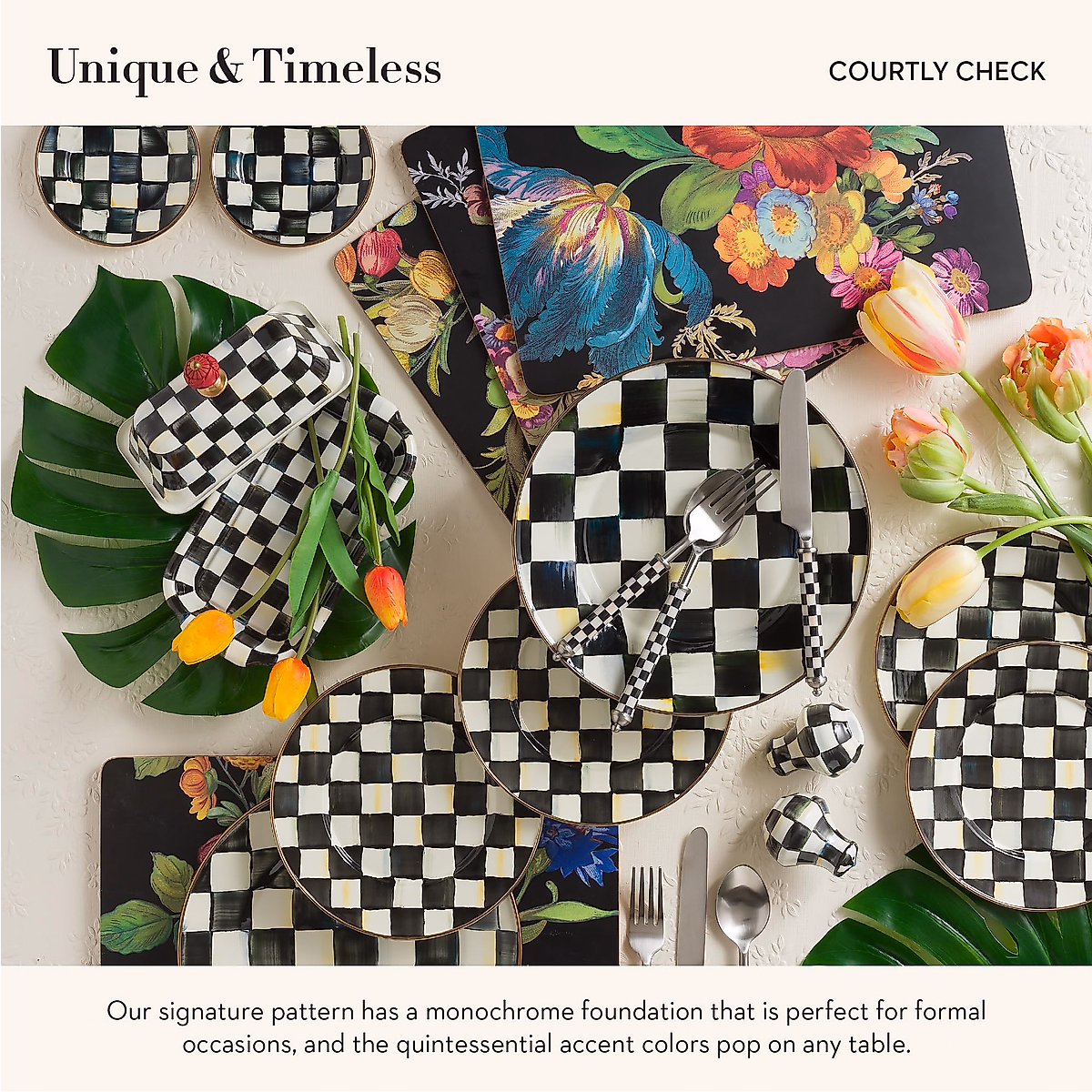 MACKENZIE-CHILDS Supper Club 3-Piece Place Setting, Fork, Spoon, and Knife Dinner Flatware Set, Black-and-White Courtly Check