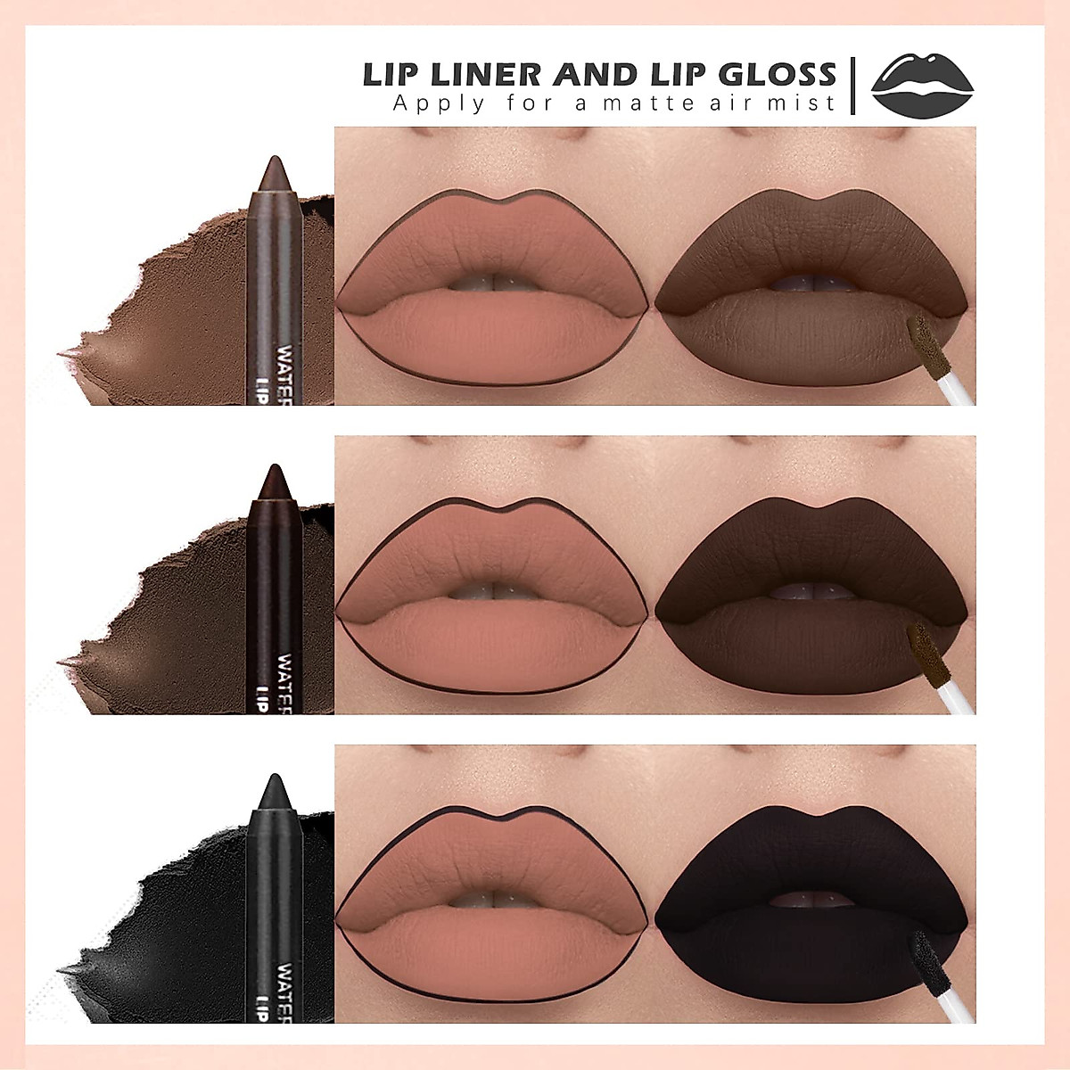 NewBang 3 Colors Dark Black Lipstick and Lipliner,Matte Liquid Lipstick Set,Black Brown Lip Stain Lip Gloss and Lip Liner Waterproof Longlasting Lip Halloween Christmas Makeup(6 pcs)