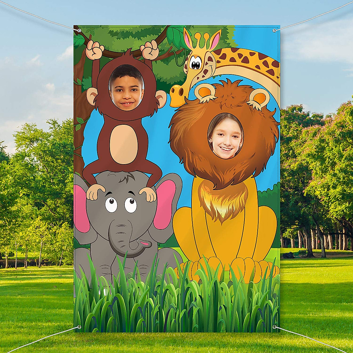 Jungle Safari Wild One Animals Birthday Party Decoration, Large Fabric Jungle Animals Backdrop Photo Door Banner, Funny Jungle Animals Face in Hole Game for Jungle Wild One Birthday Party Supplies