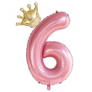 40Inch Pink Crown Number 6 Balloons Set, 6th Birthday Balloons for Girls, Childrens 6th Birthday Party Decorations. (6)