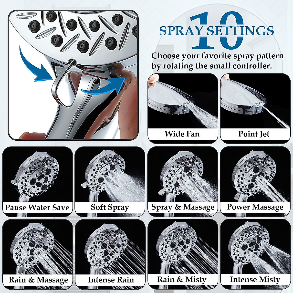 Aiscsc 10 Settings Shower Head with Handheld, 5" High Pressure Showerhead Include 2 Powerful Wash Modes for Cleaning Bathroom, Hand held Shower Head Set with Stainless Steel Hose Filter for Hard Water