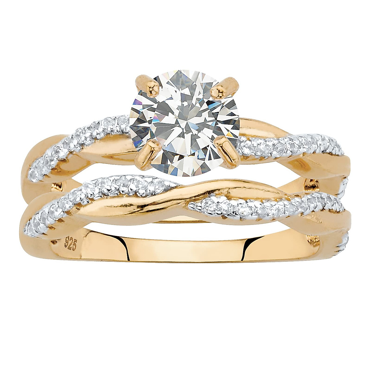 PalmBeach Yellow Gold-Plated or Sterling Silver Round Cubic Zirconia Twisted Vine Bridal Ring Set Size 10