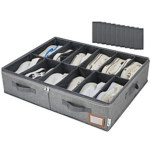 PENGLONG 16 Pairs Adjustable Shoe Organizer for Closet, Wardrobe Clothes Organizer, Space Saving Shoe Bin, Closet Storage Solution Box with Clear Window (Dark grey)