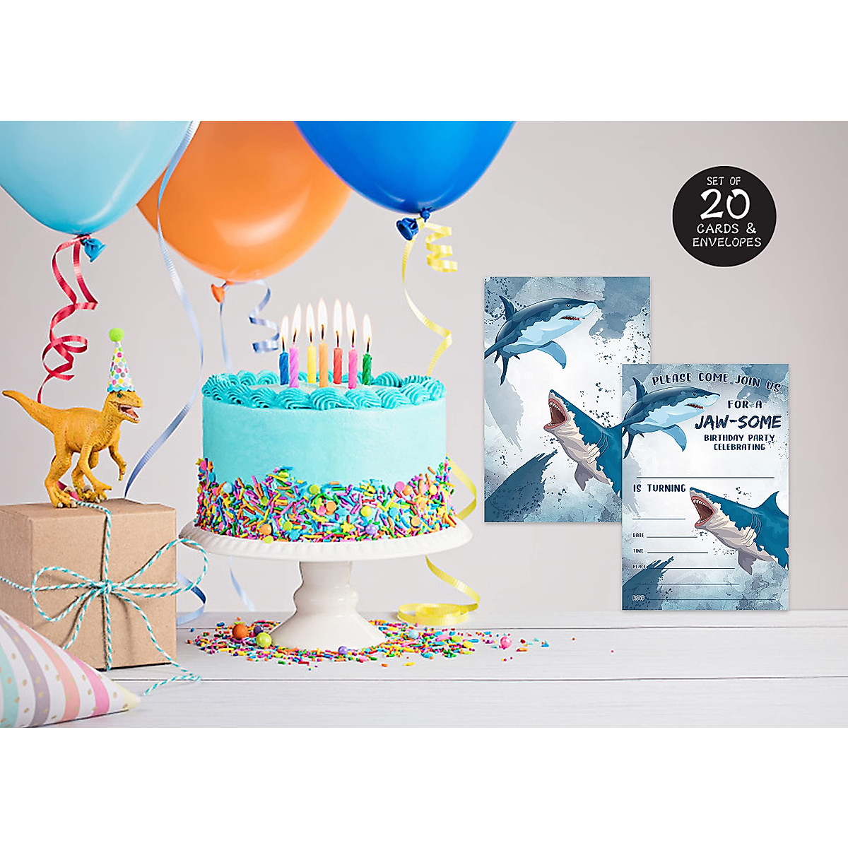 QOFO Ocean Sharks Birthday Party Invitations-Set of 20 With Envelopes,Underwater World Animal Party,Birthday Party Decorations And Supplies-YQC02