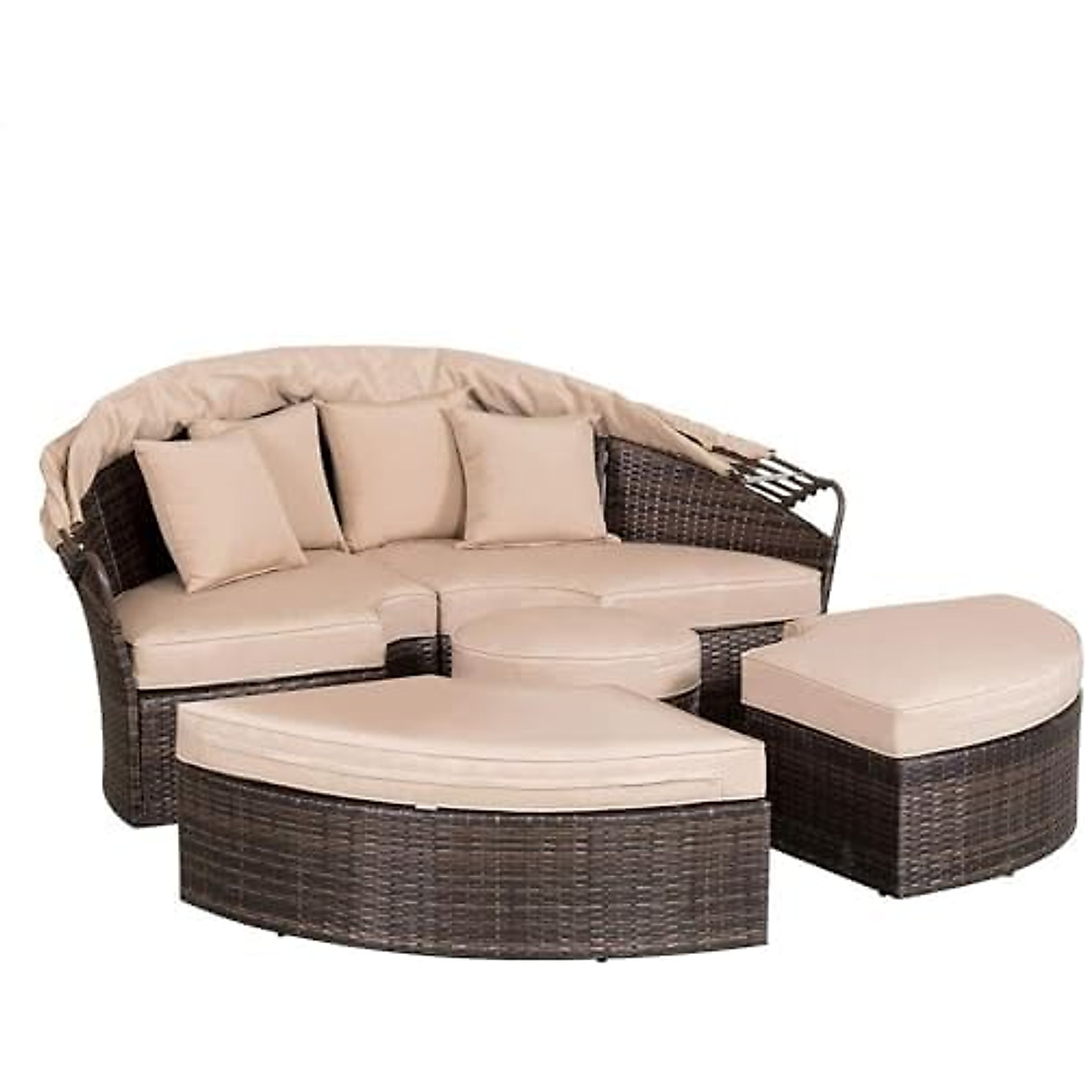 Betterland Outdoor Furniture Patio Round Daybed with Retractable Canopy, Brown Wicker Clamshell Sectional Seating with Cushions for Patio, Backyard, or Porch, Pool Round Bed