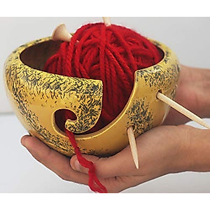 abhandicrafts Make Mom Feel Special on Mother's Day - 6 Inch Yellow Green Ceramic Brown Yarn Bowl for Knitting, Crochet for Moms Antique Hand Carved Leaf by Indian Artistians