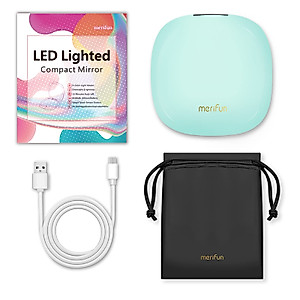 merifun LED Lighted Compact Makeup Mirror, Travel Magnifying Mirror 1x/10x - 56 LED Lights, Touch Sensor, 3 Colors Lights & Brightness Dimmable- Magnetic Closure, Rechargeable (Aqua)