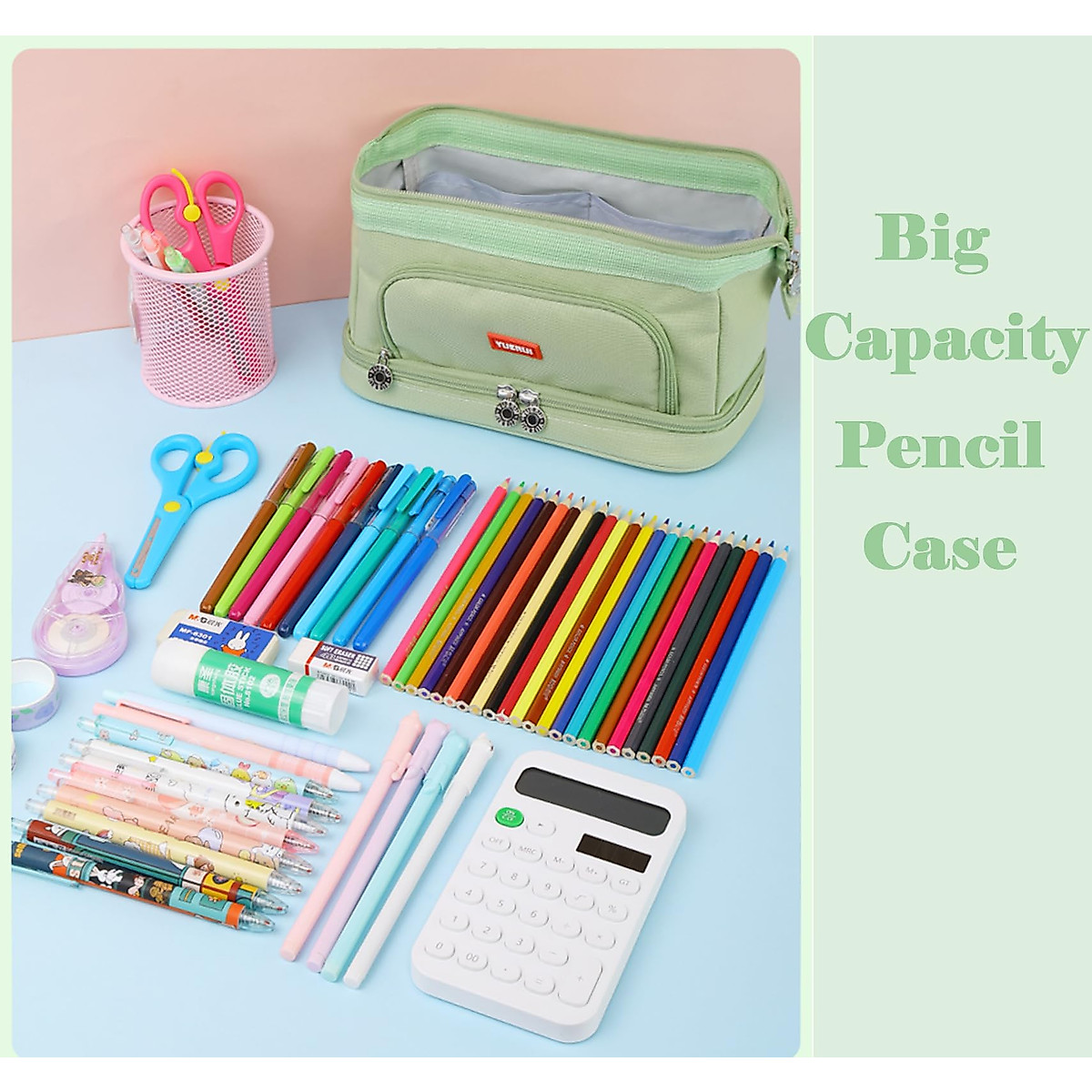 JECCYE Big Capacity Pencil Case, Double Layer Large Pencil Pouch Pen Box Bag - Back to School Supplies for Teen Girls Boys, Aesthetic Cute Pencil Cases Holder Organizer for Student Kids - Green