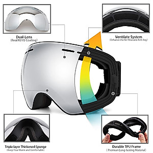 JULI Ski Goggles,Winter Snow Sports Snowboard Goggles with Anti-Fog UV Protection Detachable Dual Lens for Men Women Snowmobile Skiing Skating（Black Frame+VLT 18.5% REVO Silver）