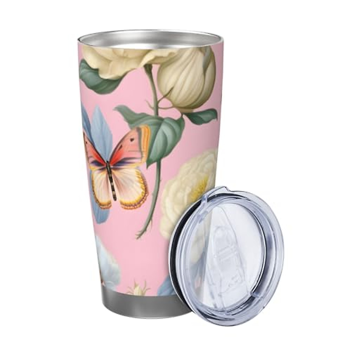 AYCZN Butterfly White Flower 20 OZ Tumbler Stainless Steel Travel Coffee Mug, Romantic Floral Insulated Water Bottle with Lid and 2 StrawsLeakproof Thermal Cup