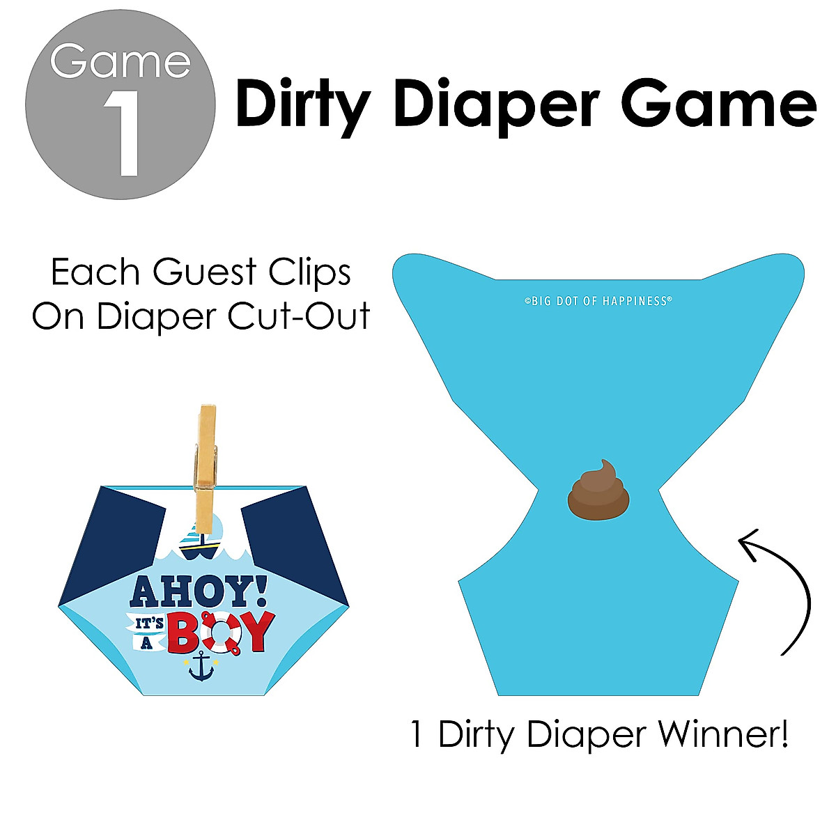 Big Dot of Happiness Ahoy It’s a Boy - Baby Shower Conversation Starter - 2-in-1 Dirty Diaper Game - Set of 24