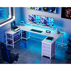 ODK U Shaped Desk with Power Outlets & LED Strip & Monitor Stand, 66" Reversible L Shaped Desk with Drawers and Storage Shelf, Home Office Gaming Desk, All White
