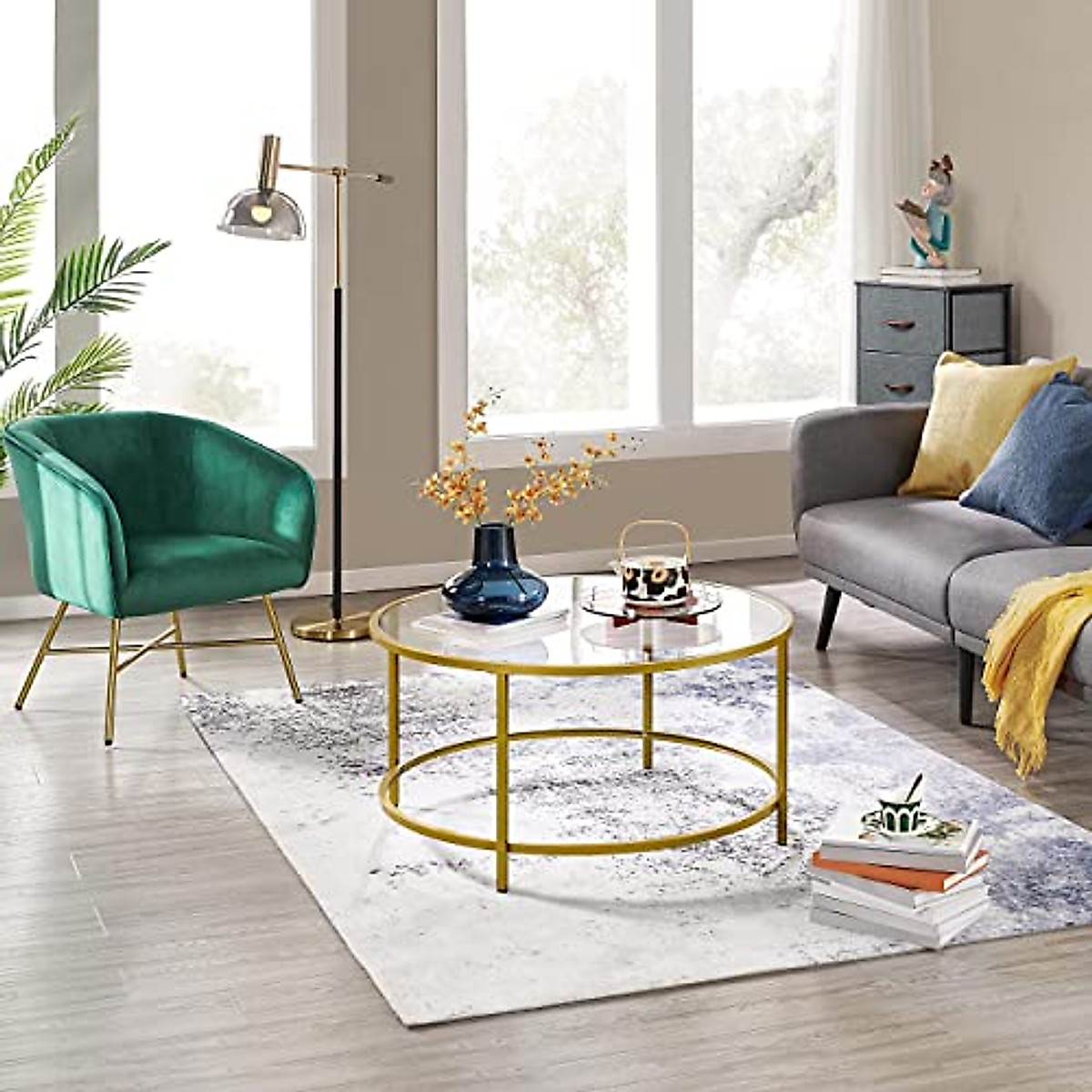 Yaheetech 36in Round Glass-Top Coffee Table,Mustard Gold Modern Accent Side Round Coffee Table w/Protective Foot Pads, Metal Structure Glass Coffee Table for Living Room,Dining, Apartment,Small Space