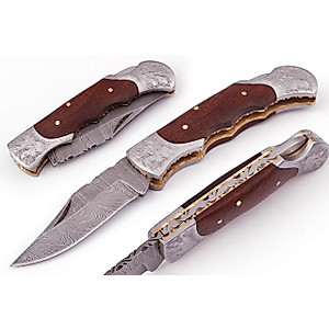 Handmade Damascus Steel Pocket Knife - Damascus Folding Knife - Pocket Knife for Men, EDC gift Knife & Damascus Blade Hunting Skinning Knife with Back Lock & Rose Wood Handle with Leather Knife Sheath