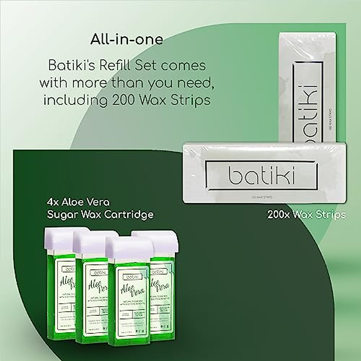 Wax Roller Refills, 4x Aloe Vera Sugar Roll on Wax Cartridges & 200x Wax Strips, Cartridge Refill for Roll on Wax Kit, Wax Roller Kit for Hair Removal, Roll on Wax Kit for Hair Removal, Wax Roller Kit