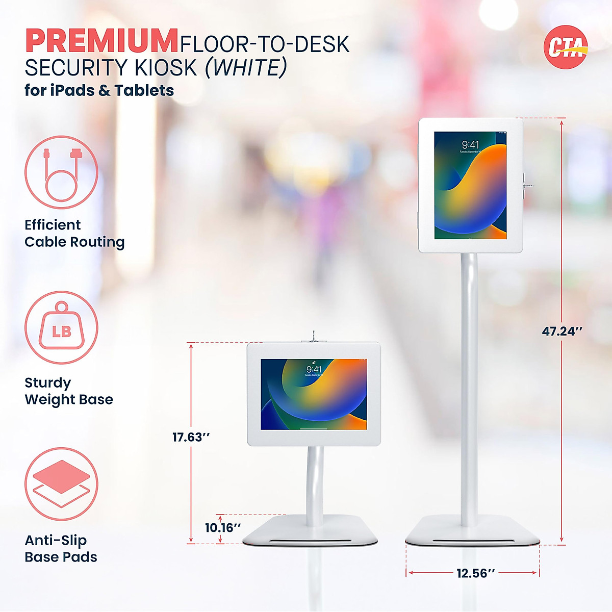 Anti-Theft Height Adjustable Kiosk Floor Stand CTA Secure Lockable Store Kiosk W/Height Adjustable Mechanism | for iPad 7/8/9 iPad Pro 11” Inch Samsung & Microsoft Tablets - White (PAD-PARAFDW)