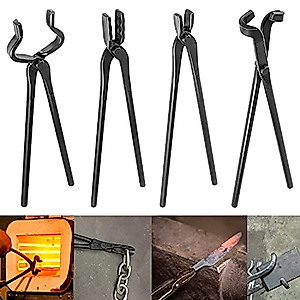 Blacksmith Forging Tools Knife Making Tongs Set Fire Tongs Anvil Blacksmithing Tongs Forge Tools Includes V-Bit Bolt Tongs, Wolf Jaw Tongs, Flat Tongs, Blade Tongs (Pack of 4)