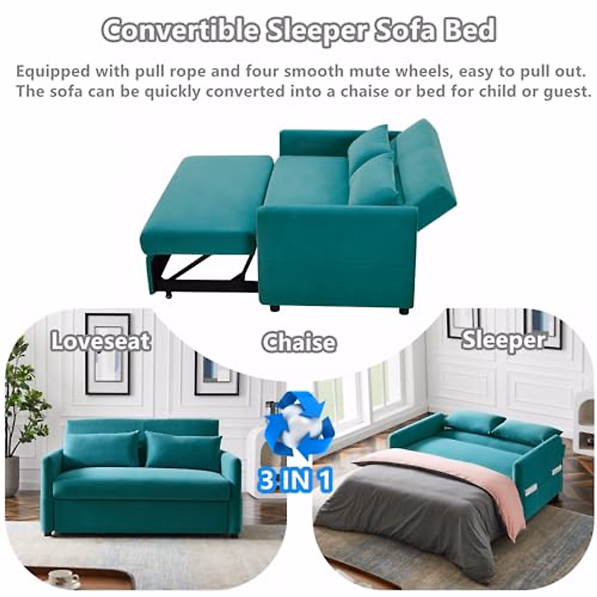 Gynsseh Convertible Sleeper Sofa Bed, 3 in 1 Pull Out Sofa Sleeper with Pillows and Side Storage Pocket, Soft Velvet Love Seat Lounge Sofa Bed for Living Room, Teal, from Twin to Full Size