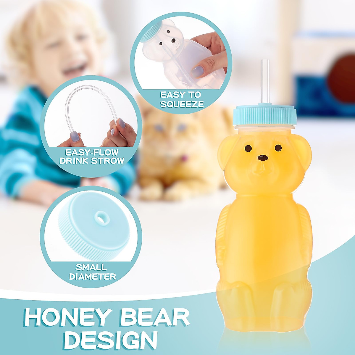 Uiifan 32 Pcs Honey Bear Straw Cup 8 oz Straw Cups Bottles Juice Bear Cup Bear Bottle Bear Sippy Cup with Straw Flexible Toddler Cups for Infant Feeding and Drinking Training (Blue)