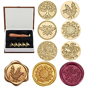Wax Seal Stamp Set,Yoption 6 Pieces Plant Series Sealing Wax Stamp Heads + 1 Wooden Hilt, Vintage Seal Wax Stamp Kit with Gift Box (Sunflower+Tree of Life+Bee+with Love+Rosemary+Leaves)