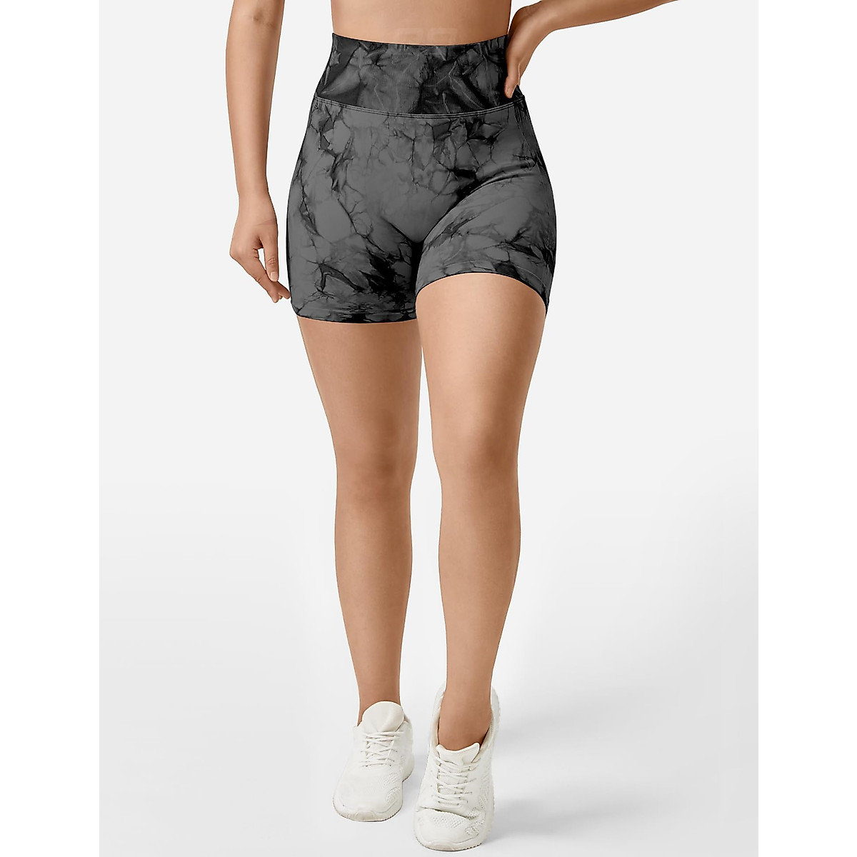 QOQ Womens Tie Dye Workout Biker Shorts Yoga Scrunch Booty High Waisted Tummy Control Athletic Short Leggings Black Grey XL