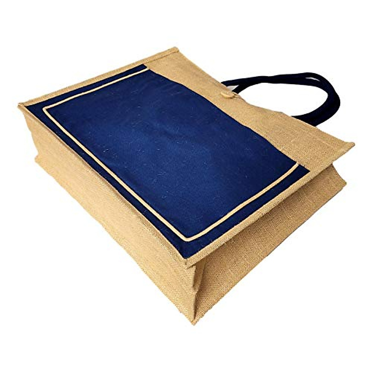 Vintage Style Jute with Cotton Pocket Reusable Large Tote Grocery Shopping Bag - Custom Personalization Available (Navy - Embroidered Monogram)