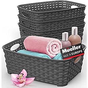 European Made Plastic Storage Bins, Heaviest Duty, Household Organizers for Bathrooms, Bedrooms, Kitchens, Laundry Room, Cabinets, Shelves, 4 Pk, Dark Grey
