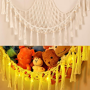 Stuffed Animal Net or Hammock with LED Light Macrame Stuffed Animal Storage Organizer Plush Animal corner Storage Doll Teddy Bear Hammock for Wall Bedroom Living Boho