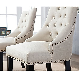 DAGONHIL Fabric Dining Chairs Set of 2 Tufted Dining Room Chairs Upholstered Kitchen Chairs, Accent Chairs with Black Solid Wood Legs, Nailed Trim (Beige)