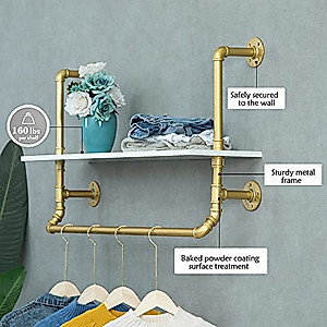 BOTAOYIYI Gold Clothing Rack, 40 inch Industrial Pipe Clothing Rack, Hanging Garment Clothes Wall Mounted with Shelves Shelving Rod White for Boutiques Retail Laundry Room Bedroom(39.4x9.8x19.7)